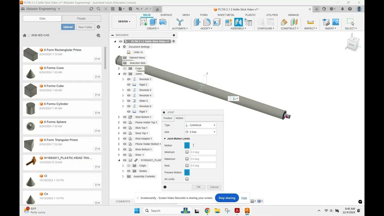 PLTW 2.1.3 Selfie Stick Assembly--Part 3 Adaptor to Stick to Cylindrical Mate - YouTube