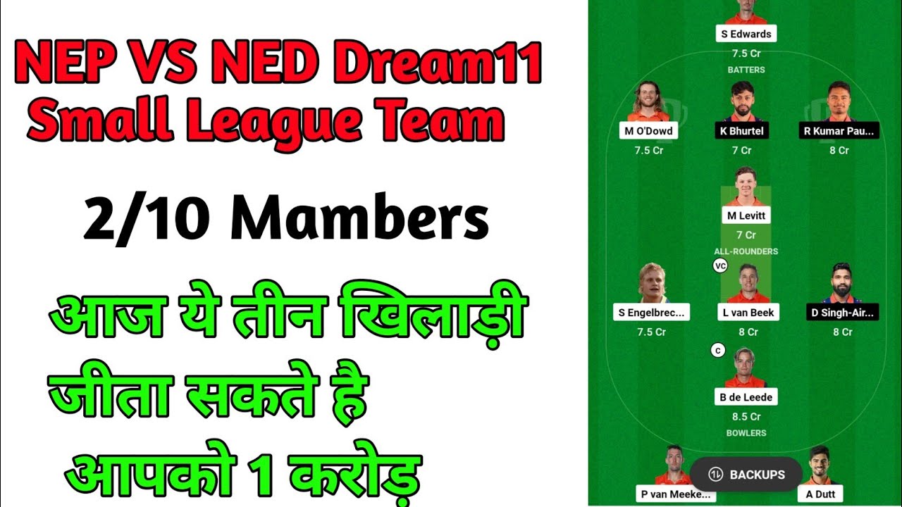 NEP VS NED Dream11 Team Prediction| NED VS NEP Dream11 Small League ...