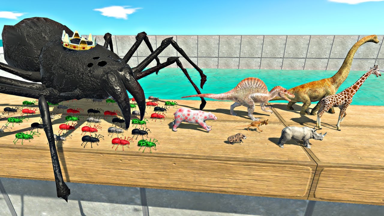 Dinosaurs and Animals Falling Into Venomous Spiders Tank - Animal Revolt Battle Simulator - YouTube