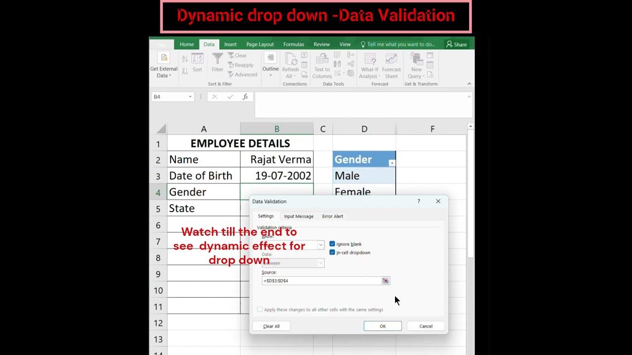 Dynamic Dropdown Data Validation Ms Excel Excel Excelfunction Exceltips Validation