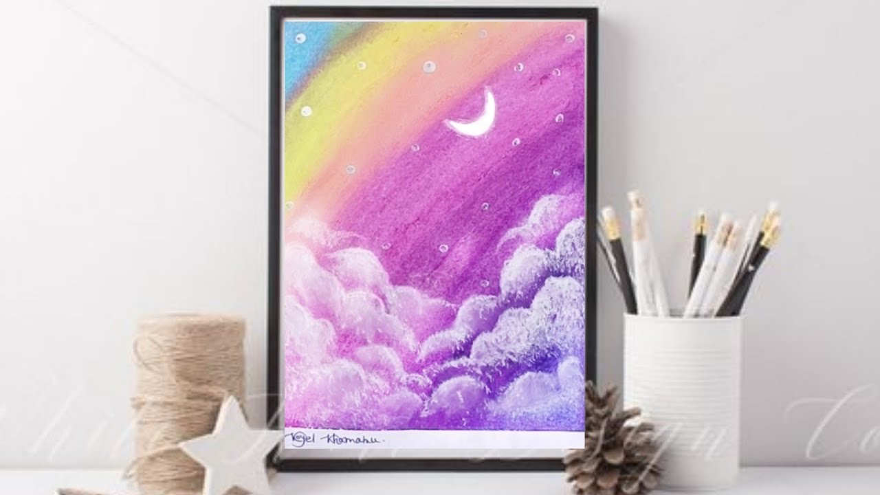 Dreamy Day Rainbow Sky and Clouds drawing with Oil Pastels - Step by ...