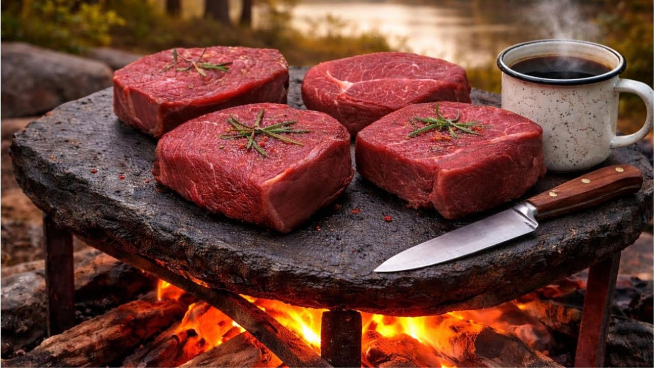 🔥 OUTDOOR CAMPFIRE COOKING: GARLIC BUTTER STEAKS WITH ROASTED POTATOES ...