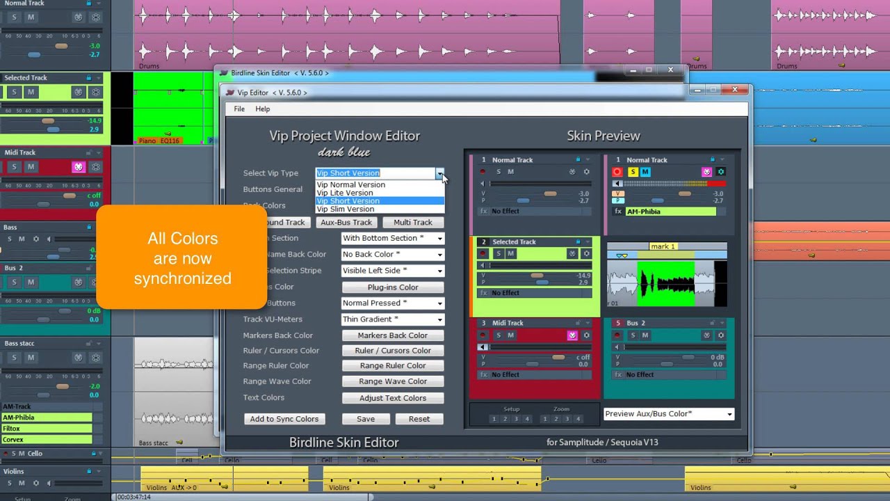 Birdline Skins Synchronize Colors (for Samplitude, Sequoia) - YouTube