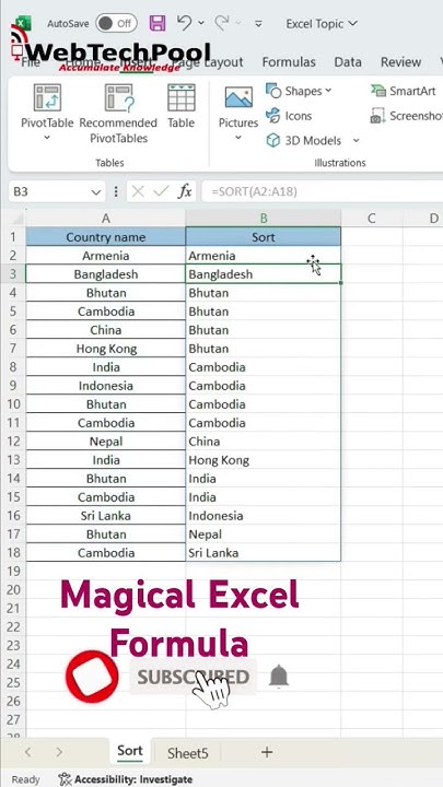 Sort column data in ascending and descending order by formula in excel #excel #webtechpool # ...