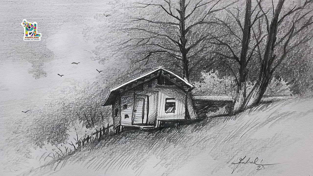 How to draw a Wooden Cabin on upland place in Scenery Art - YouTube