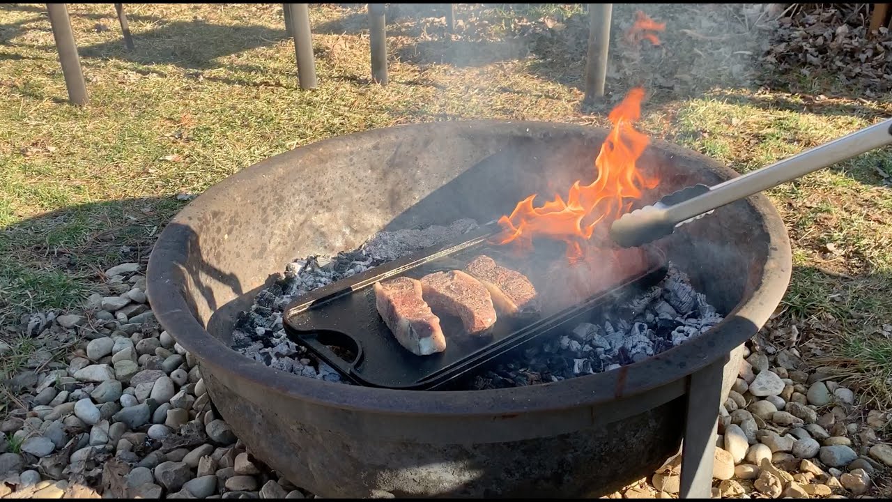 Fire pit dry aged prime new york steak - YouTube