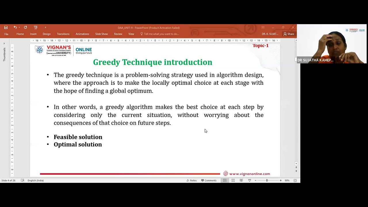 DAA DR SUJATHA KAMEPALLI UNIT 9 PART 1 GREEDY GENERAL METHOD - YouTube