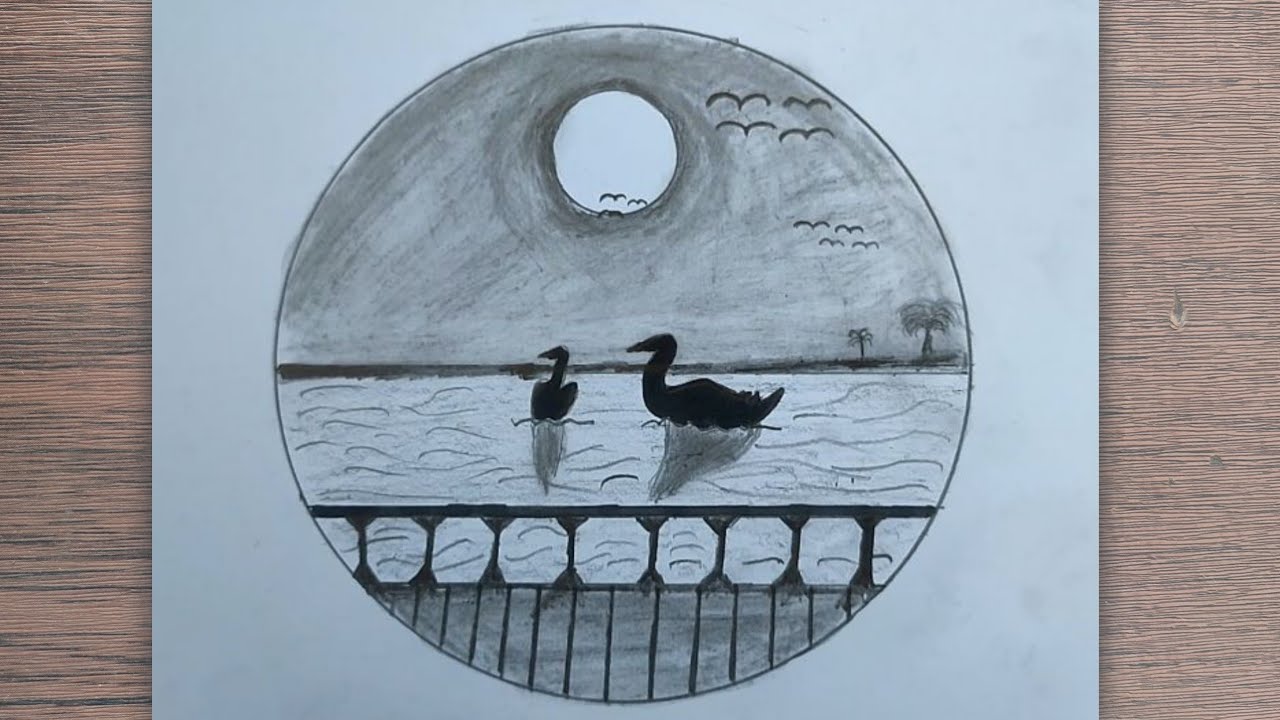 Romantic Moonlight Drawing 🌙 | Easy Pencil Sketch of Ducks & Nature 🖌️ ...