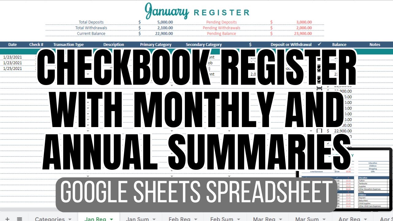 Checkbook Register with Monthly and Annual Summary Tracker (Google ...