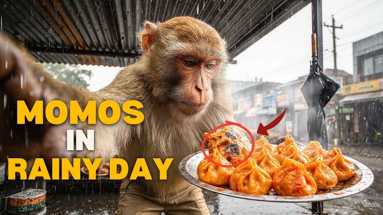 Rainy Day Street Food Craving: MOMOS! 🥟💦 | AI Monkey Vlog | Viral ...