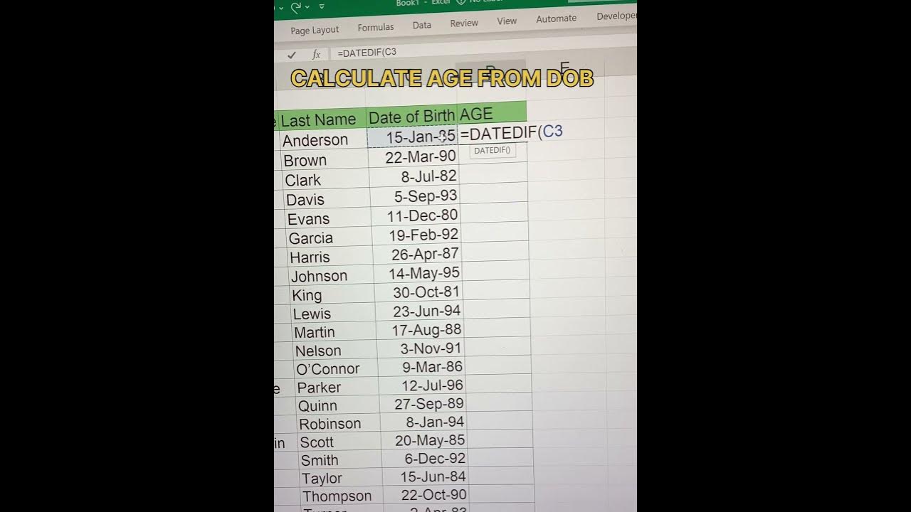 CALCULATE AGE FROM DOB #excel #exceltips #exceltricks #spreadsheet #exceltutorial # ...