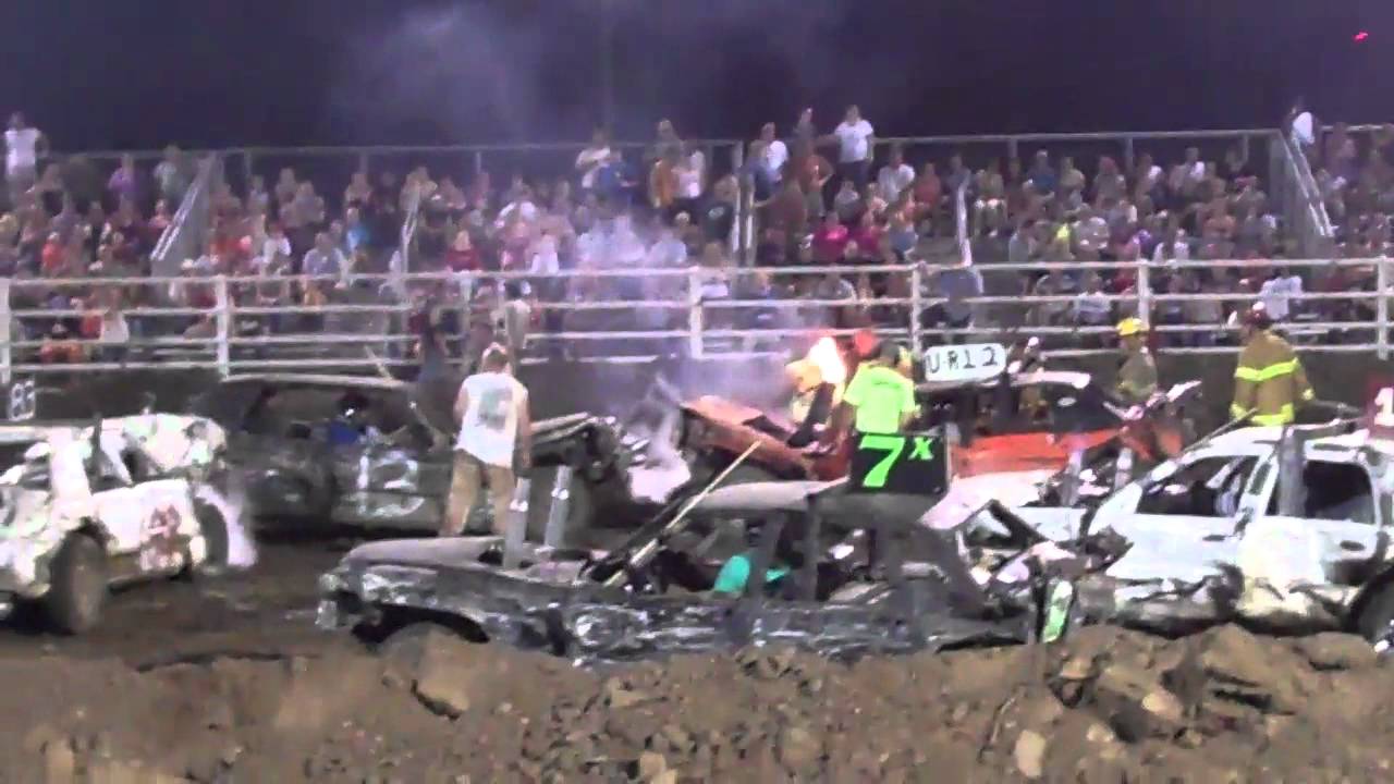 Car on fire in feature of Demolition Derby - YouTube