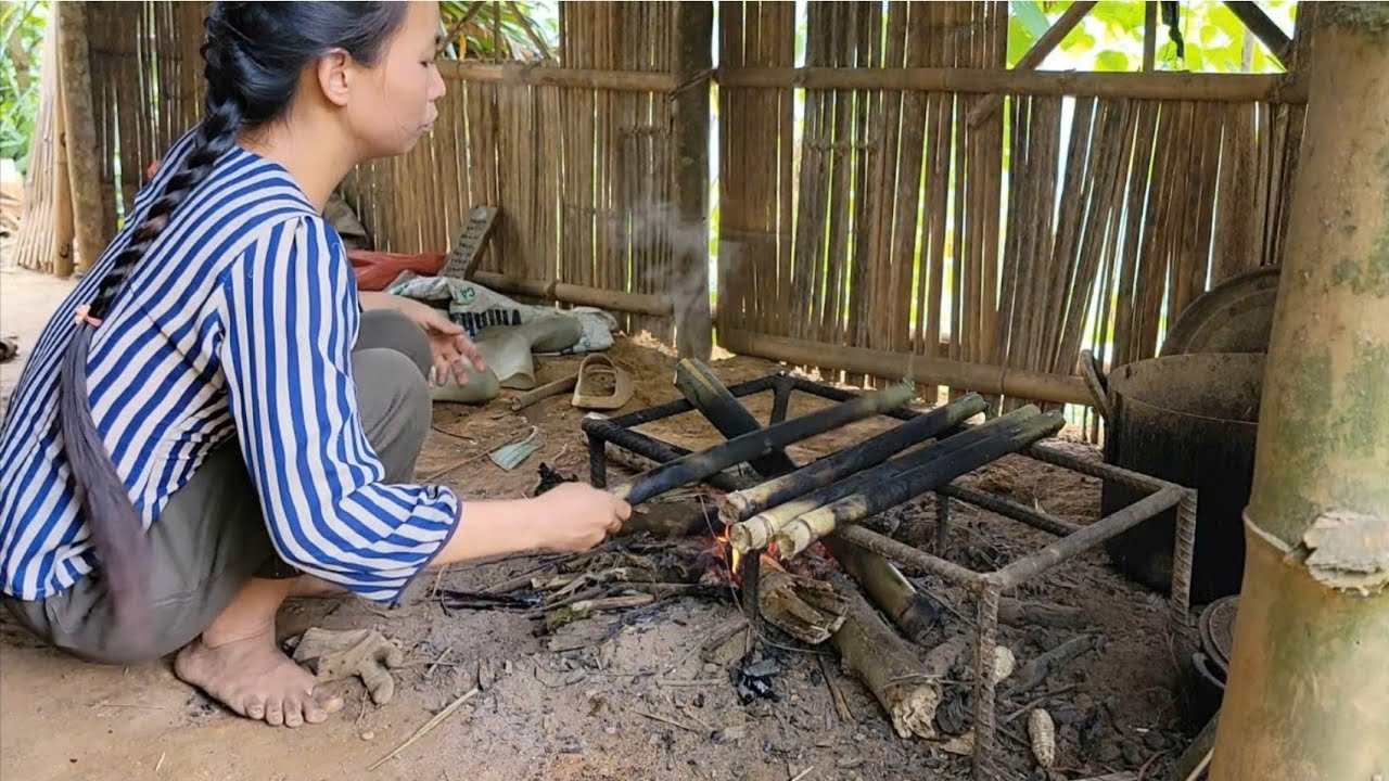 The girl picks bamboo to make bamboo rice and lights up the house with ...