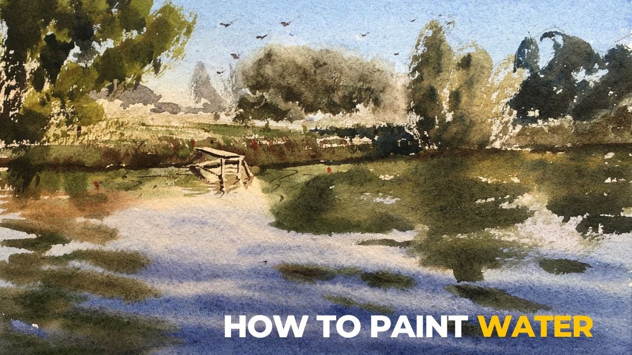 how to paint water in watercolor landscape painting - YouTube