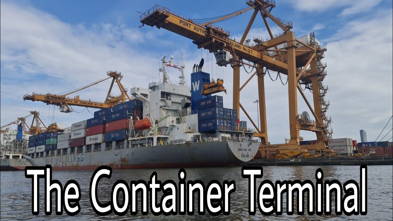 Container ships at the port // busy river port in Bangkok container ...