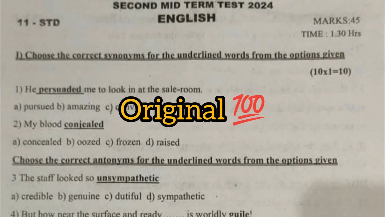 11th English second midterm exam original question paper 2024 - YouTube