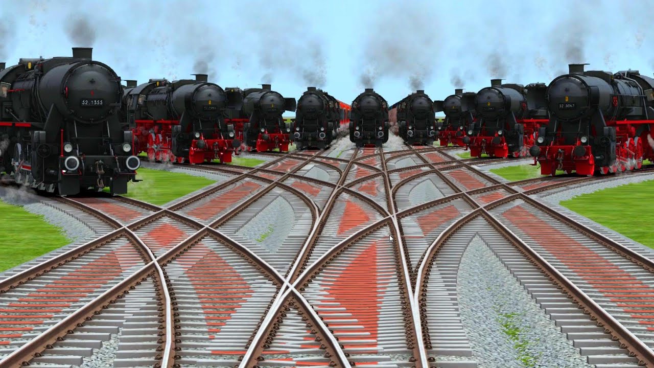 All Realstic Steam Trains Crossing At Bumpy Forked Branched Railroad ...