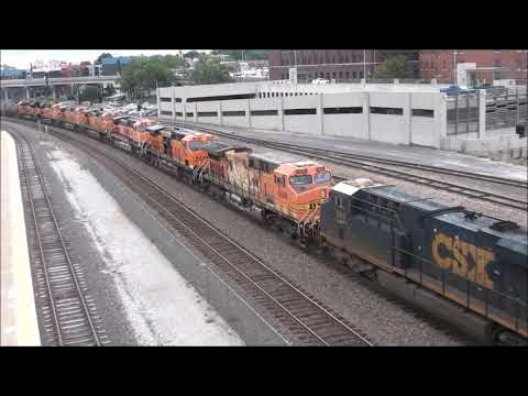 BNSF Mixed Freight with Killer Lashup meets BNSF Stacktrain with KCS Power. Kansas City, MO 7/30 ...
