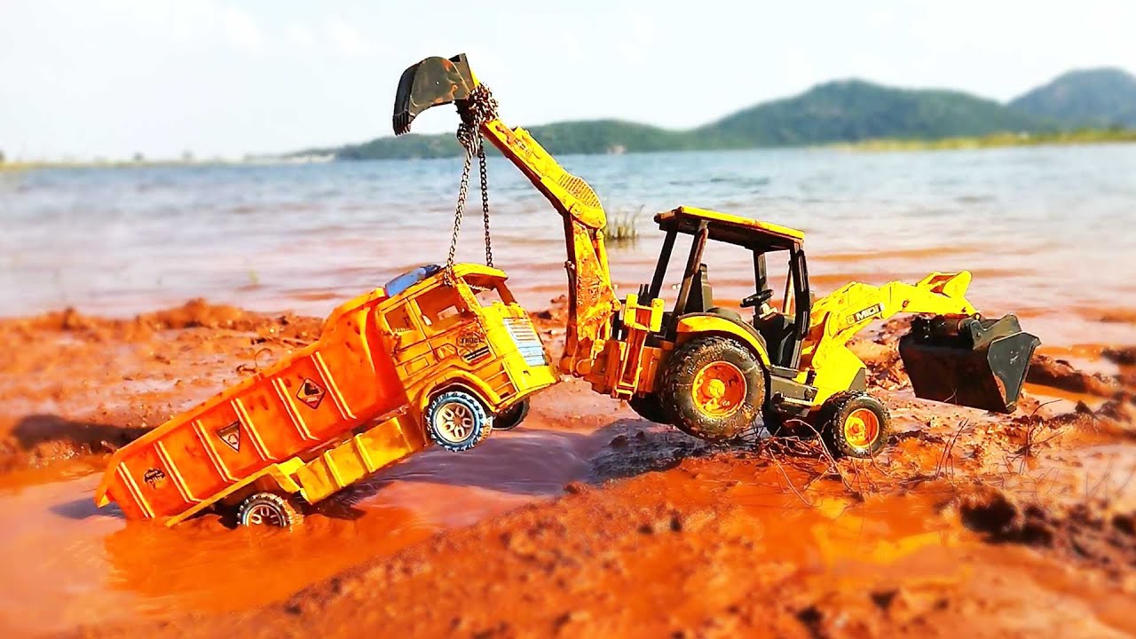 Dump Truck Fall on Pit | Truck Stuck in Mud | Stucked Truck Pulling out by Bruder JCB | PJ JCB ...