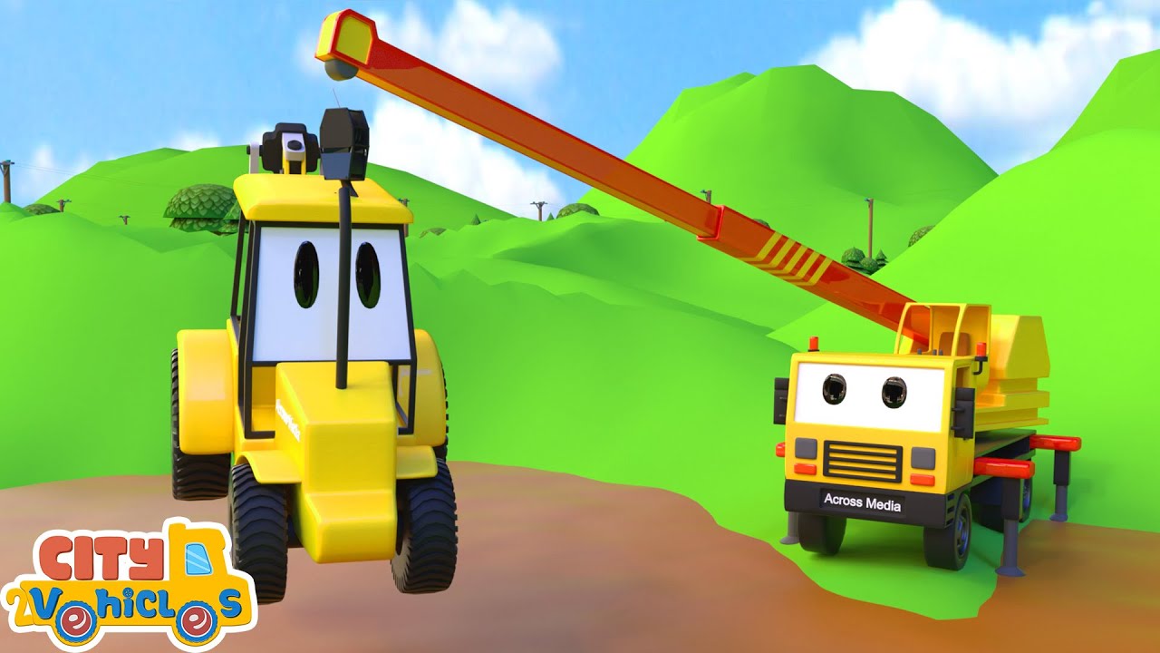 Construction Vehicles — crane truck rescues a tractor; excavator ...
