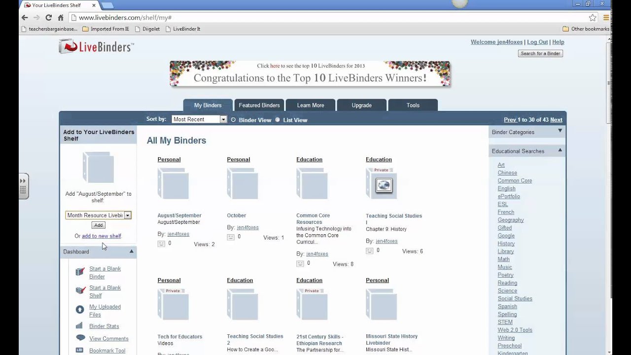 Creating a Livebinder shelf and moving binders - YouTube