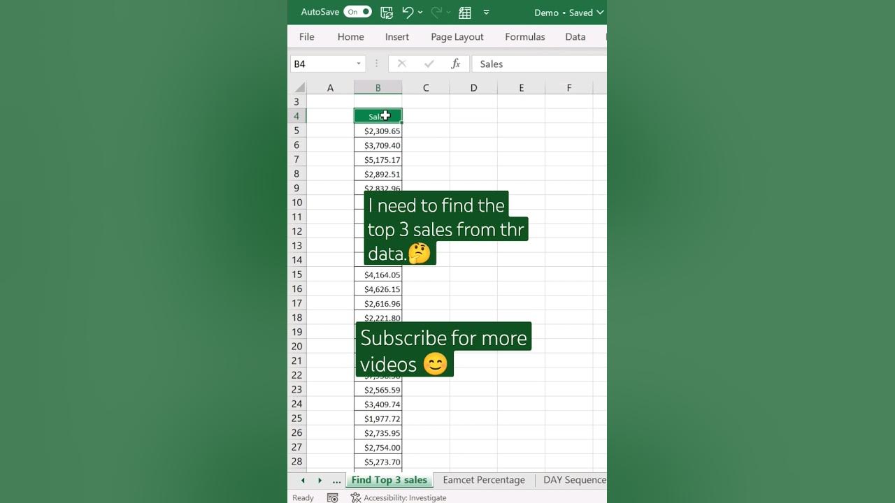 Find Top 3 Sales | #exceltutorials #youtubeshorts #shorts #ytshorts #excel | @kttrained - YouTube