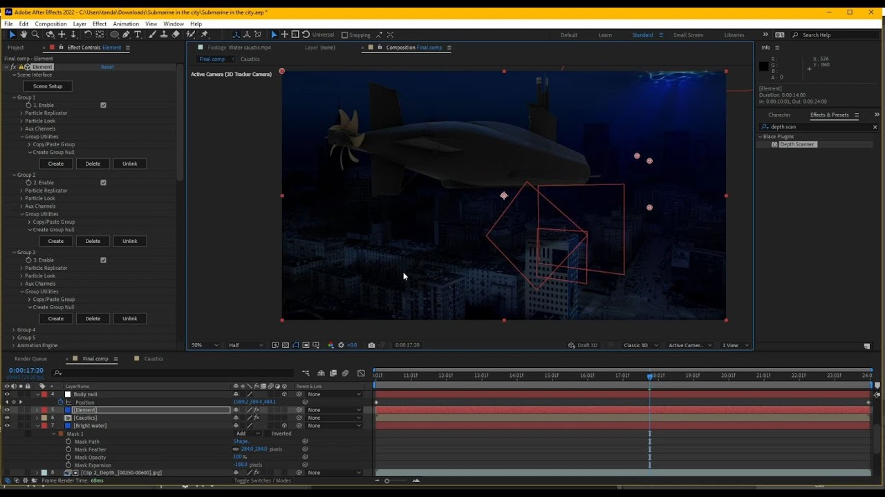 Tutorial underwater VFX Tàu ngầm đi qua thành phố dưới biển After Effects, Depth Scanner ...