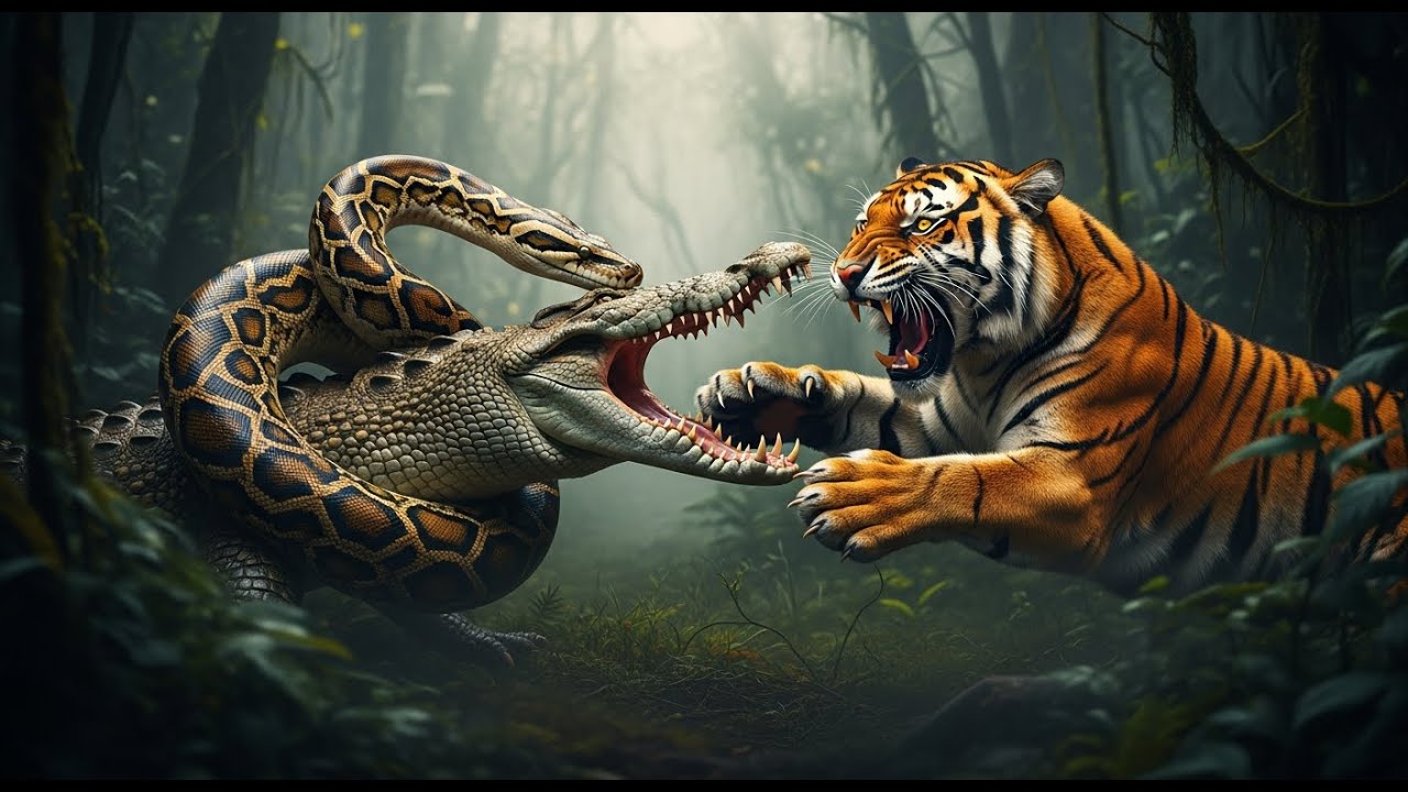 Insane Triple Predator Clash: Python, Crocodile, Tiger—One Forest, No ...