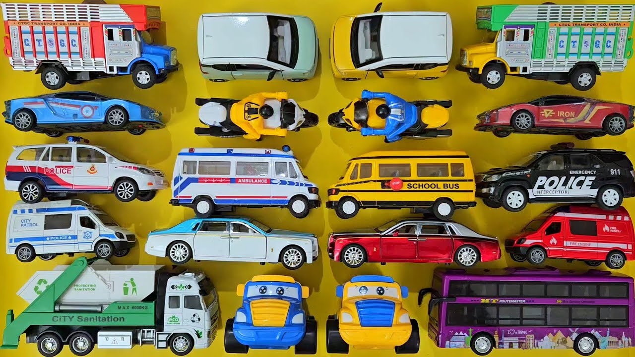 Learn Vehicles with Toy Cars – School Bus, Racing Car, Motorbike ...
