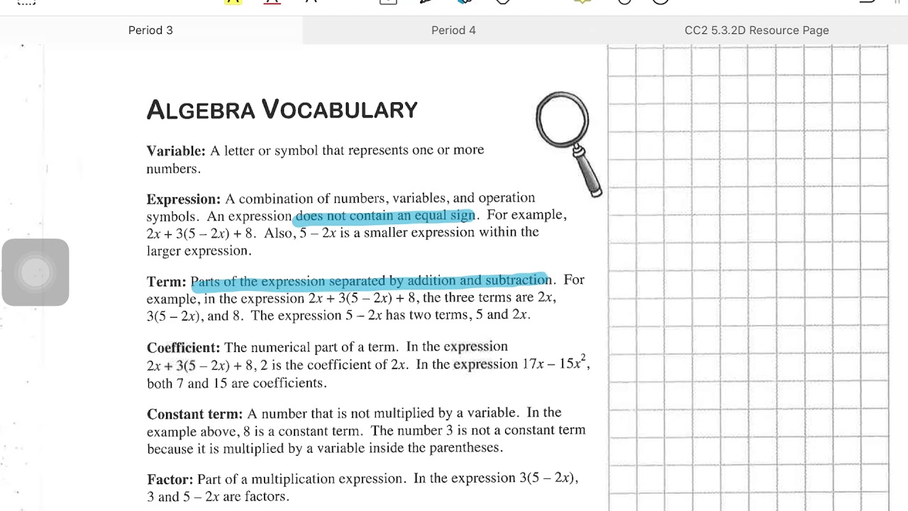 CPM CC2 Toolkit - Algebra Vocabulary - YouTube