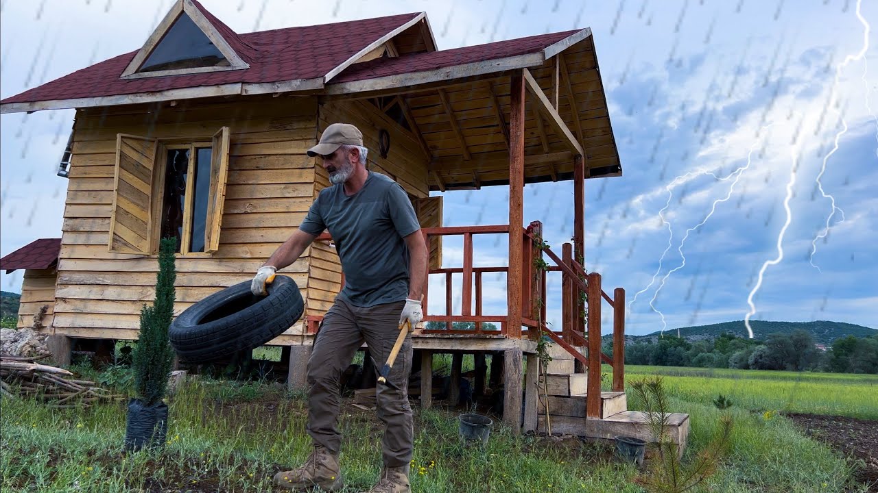 Heavy Rain and Thunderstorm ⎮ Life in a Minimalist Rustic Wooden House ...