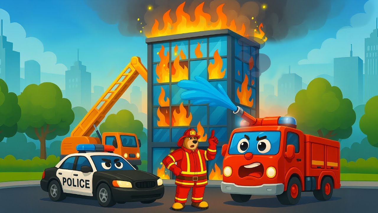 Bear Police, Fire Truck, Crane Epic Firefighting Teamwork ...