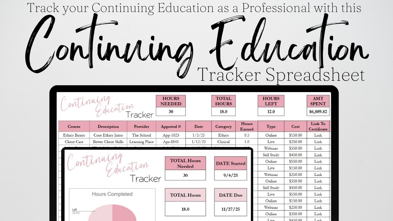 Continuing Education Tracker Template, CEU Tracking Spreadsheet ...