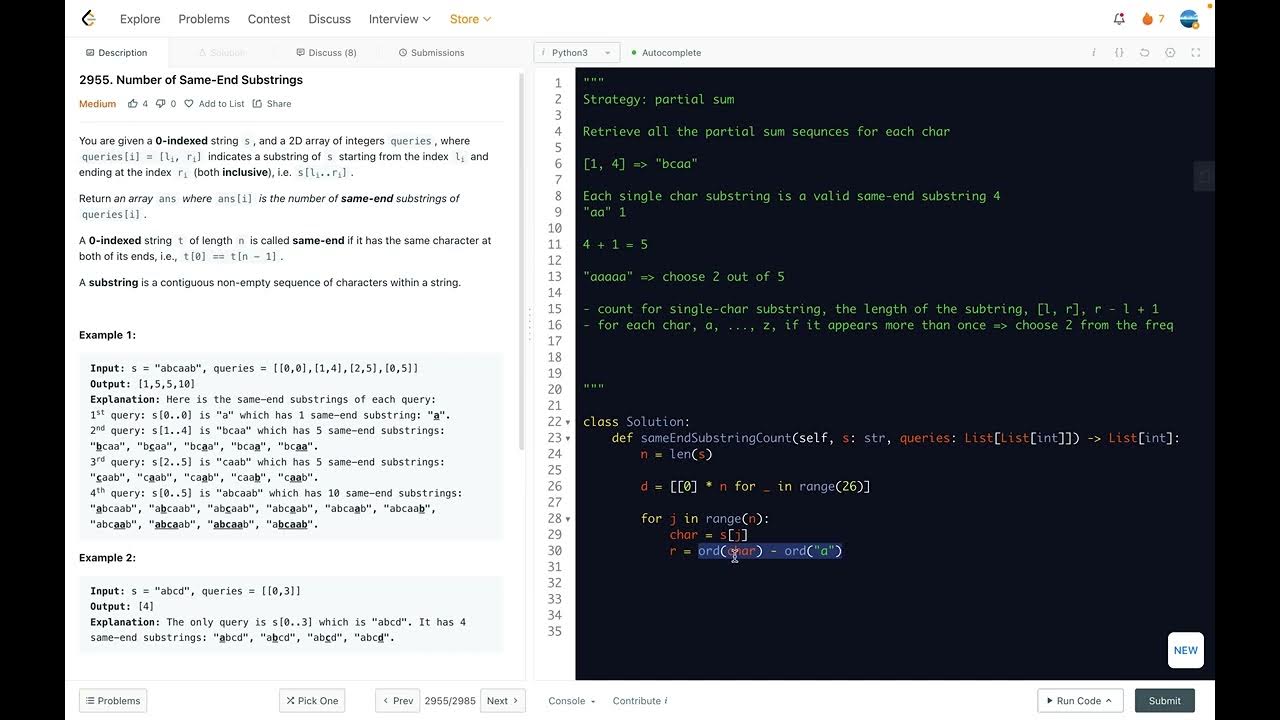 leetcode 2955 Number of Same End Substrings - partial sum - YouTube