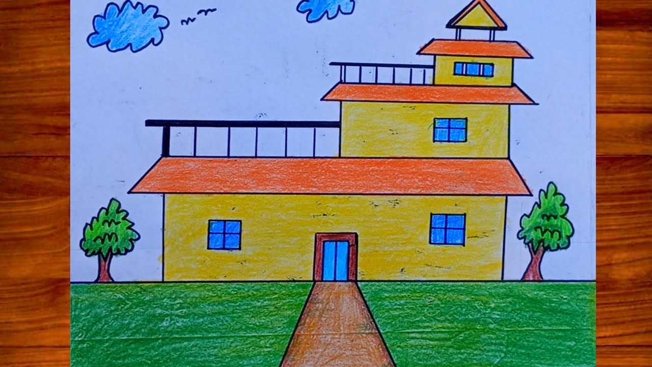 How to Draw Beautiful House drawing ll Easy house village scenery ll ...