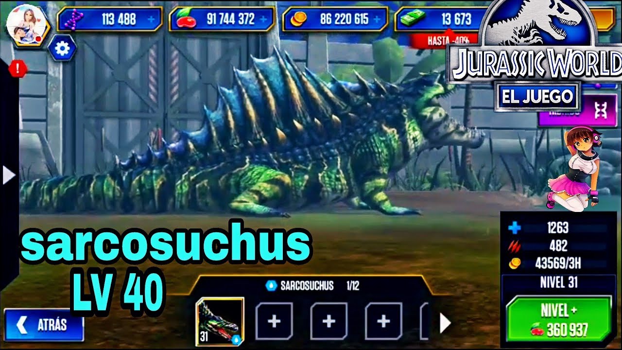 Jurassic World #121 sarcosuchus LV 40 - YouTube