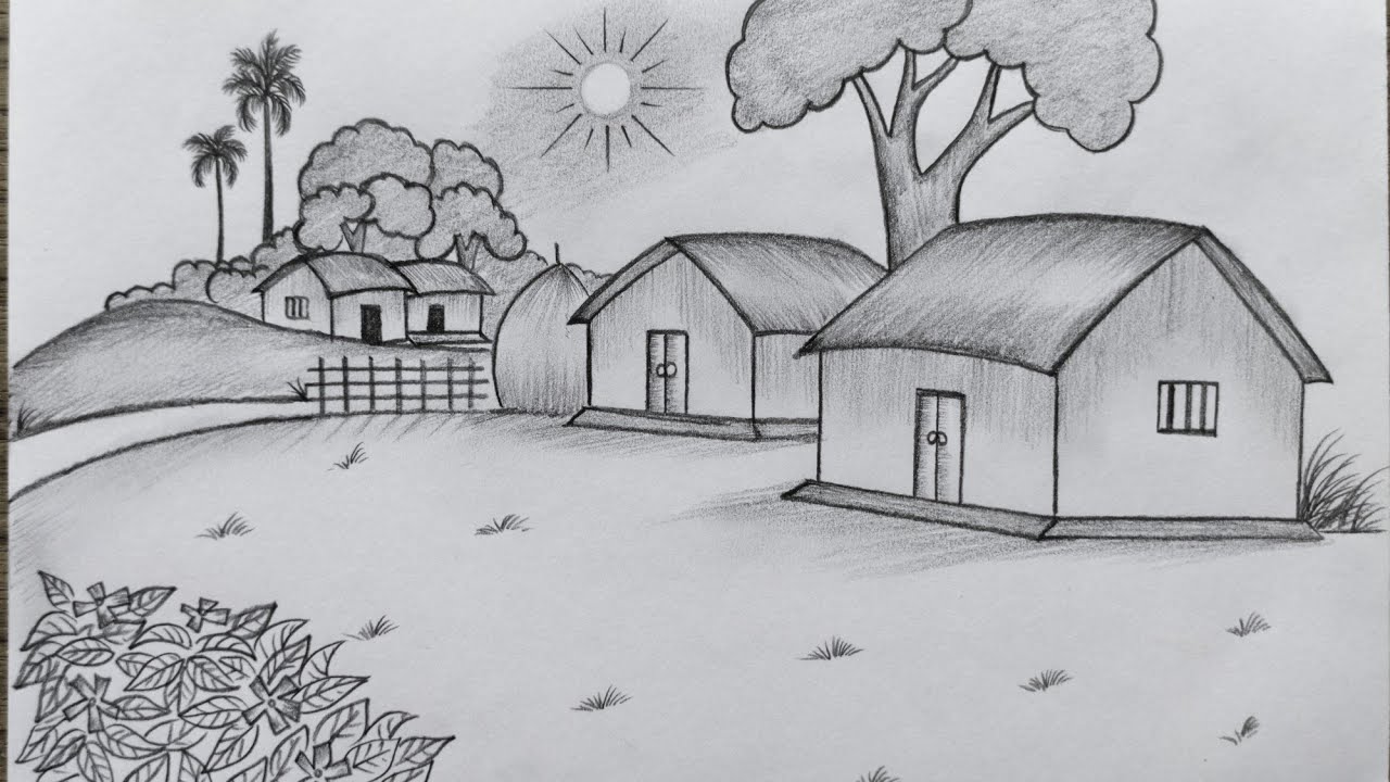 Beautiful Scenery Drawing With House||Easy Landscape Drawing||Sohoj ...