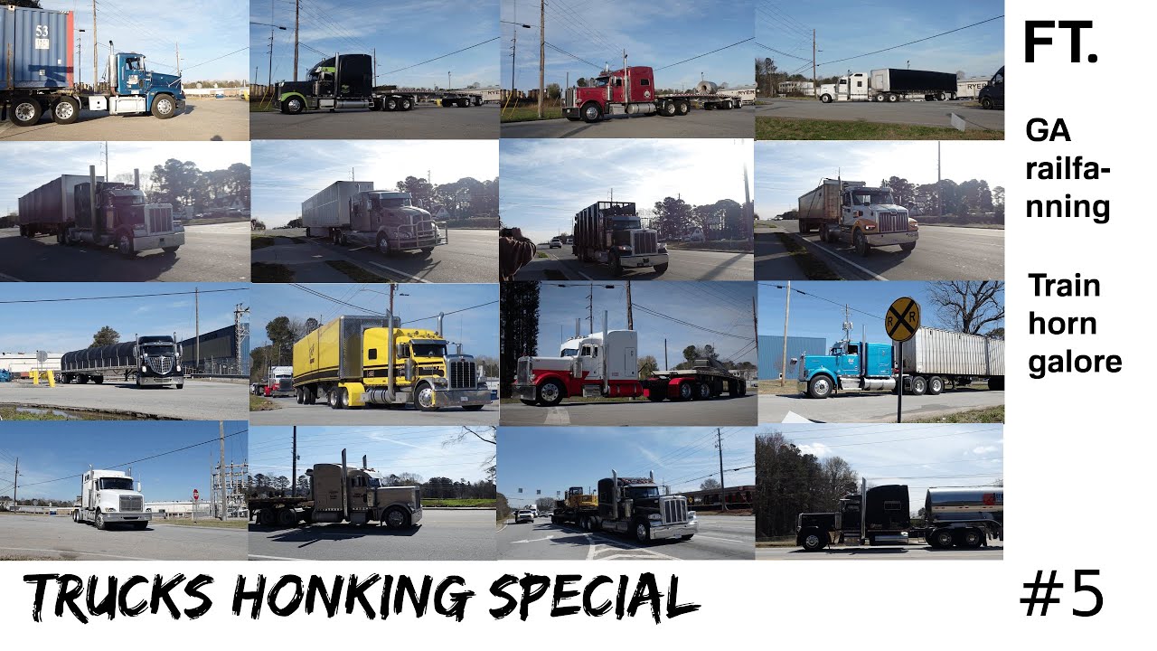 Trucks honking for 3 minutes straight #5 (Peterbilt & Train horn galore ...