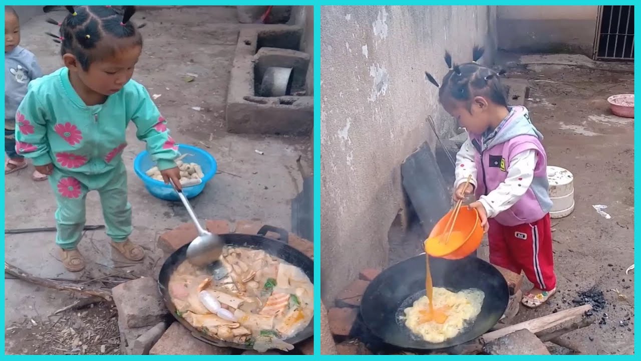 Rural little girl cooking food for family 조리 クック - YouTube