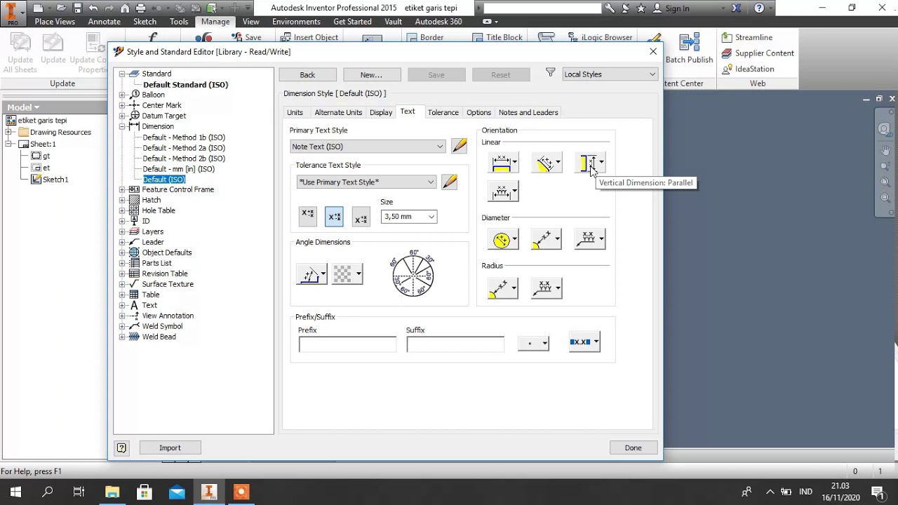 Perintah Style Editor pada Inventor untuk setting standar gambar teknik ...