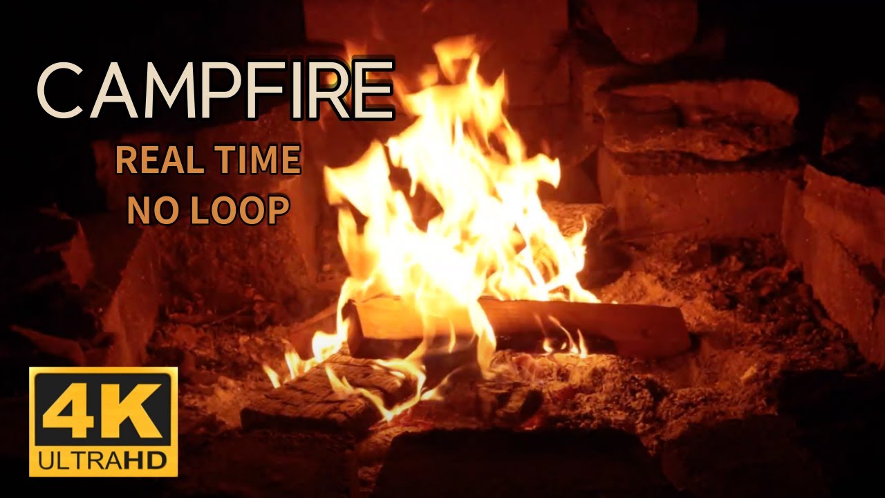 4K Outdoor Campfire REALTIME (No Loop!) - wood burning, crackling sound ...
