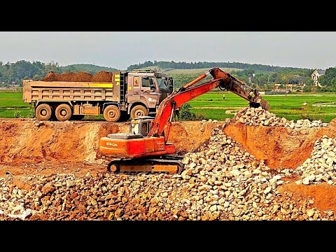 Excavator Working to Build Dike and Dredge Ditch