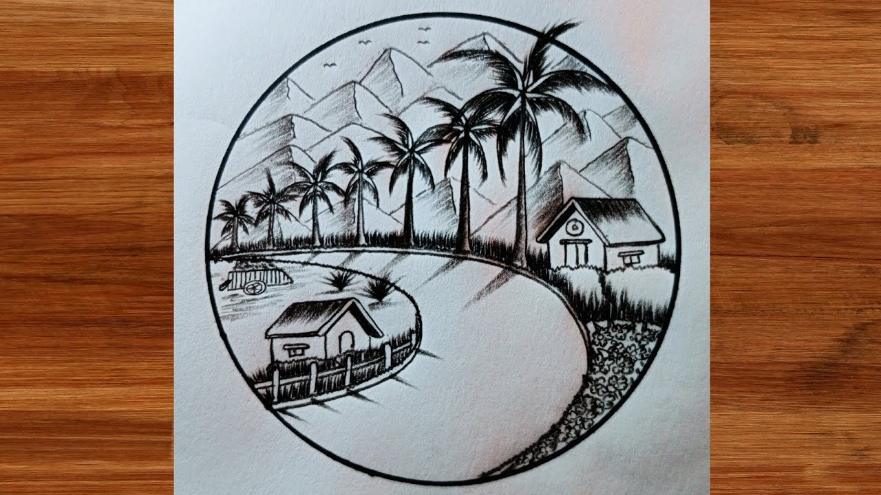 How to draw perspective road view scenery with palm trees || Beautiful ...