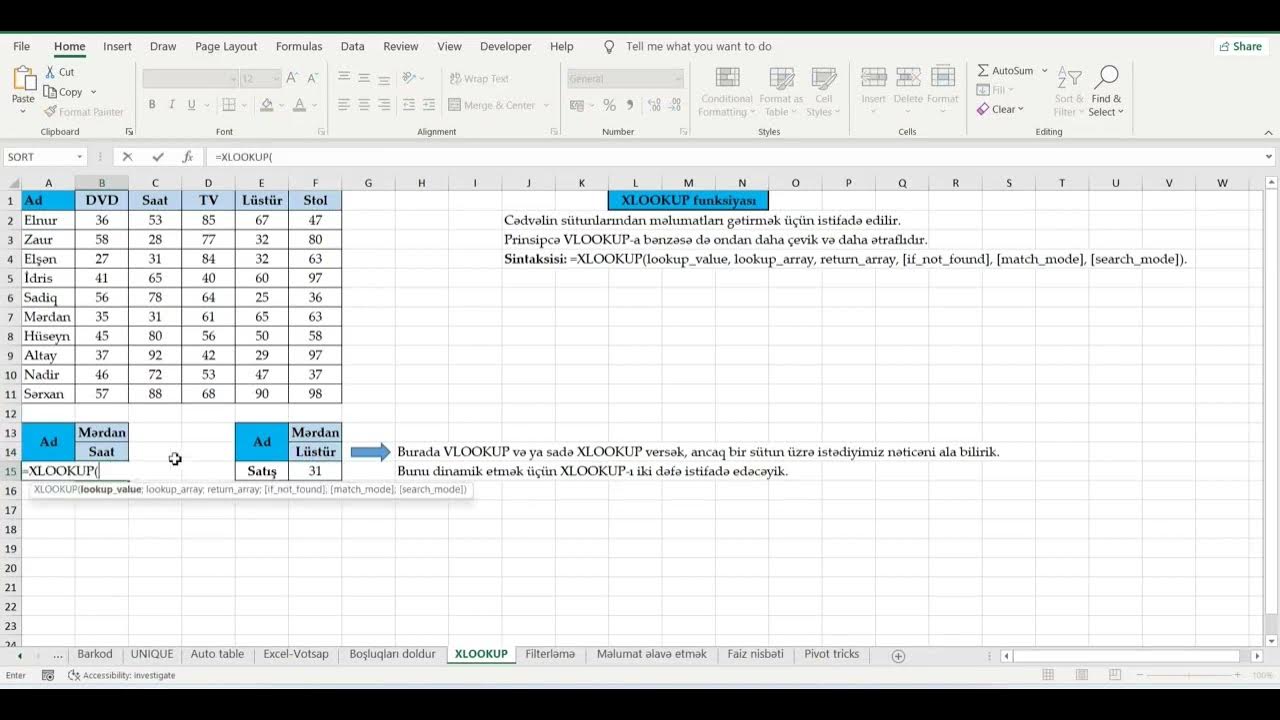 XLOOKUP function in Excel - XLOOKUP funksiyası - YouTube