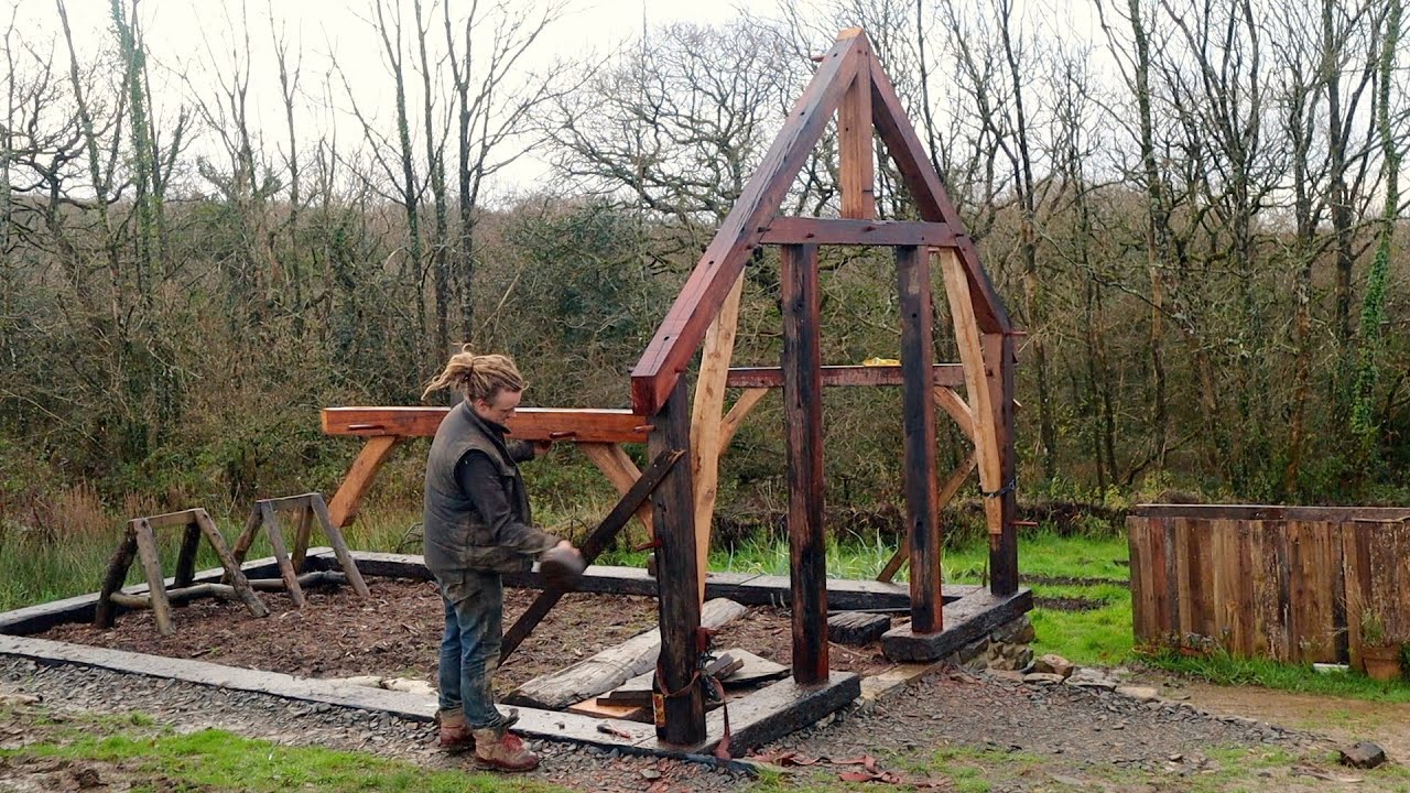 Spring Fed Timber Framed Greenhouse Part 5 First Frame Building - YouTube
