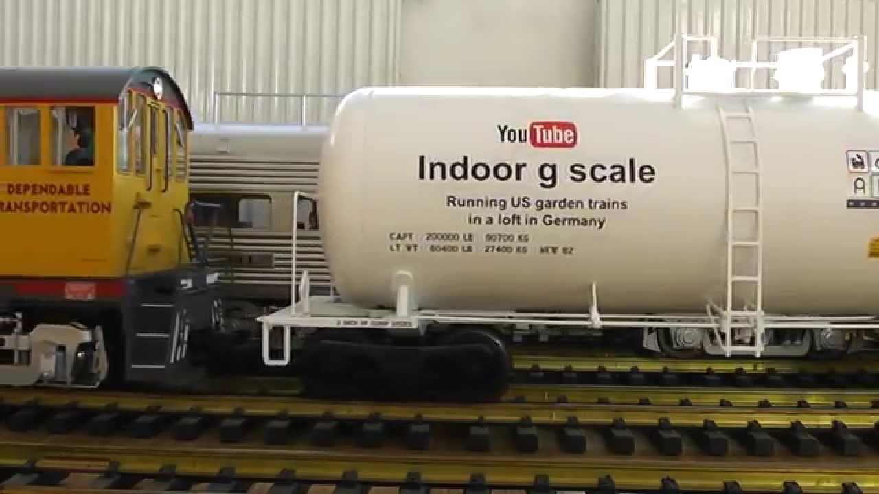 Indoor g scale 73' Centerbeam, Alco S4 and Consolidation - YouTube