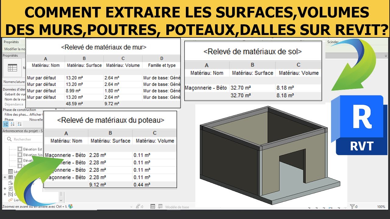 Comment extraire les surfaces, volumes des murs, poutres, poteaux, dalles sur revit ? - YouTube