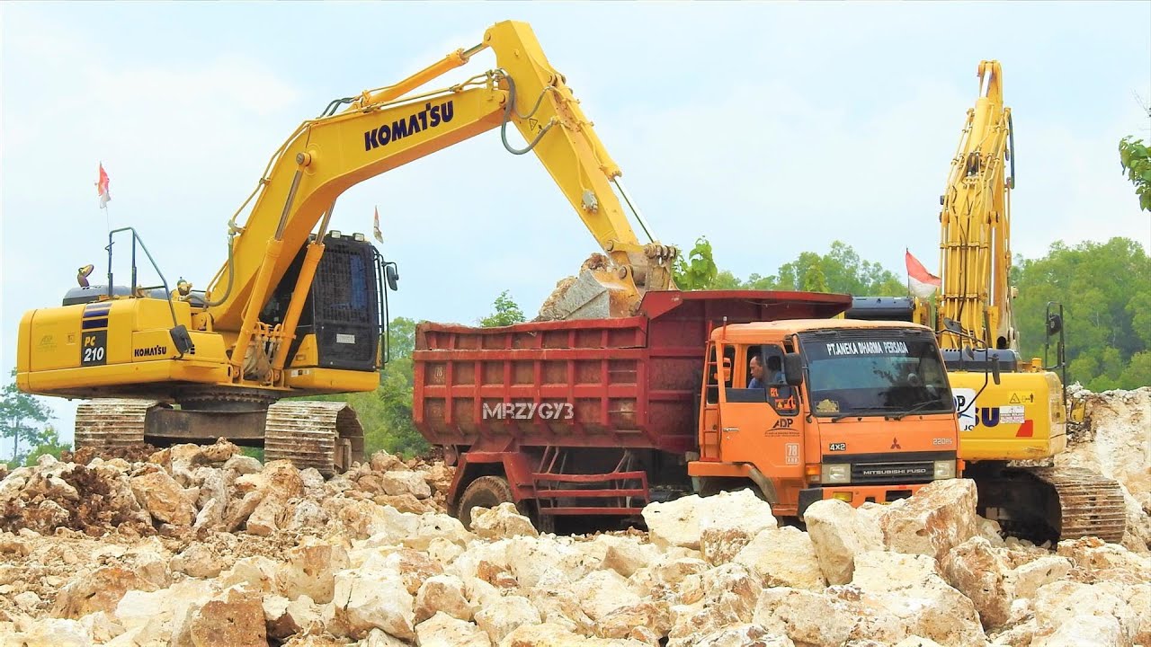 Komatsu PC210 CAT 320D Excavator Trucks Digging Loading Limestone - YouTube