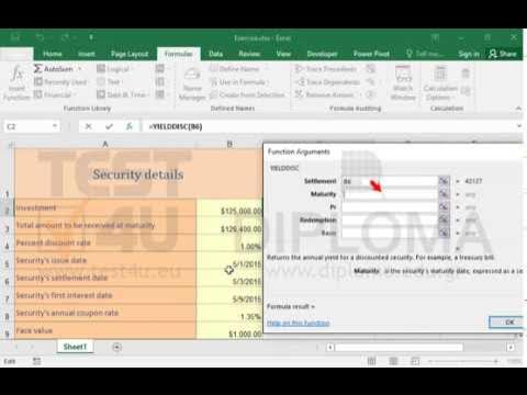 Use the YIELDDISC function to calculate the yield on a discounted security (Excel 2016) - YouTube