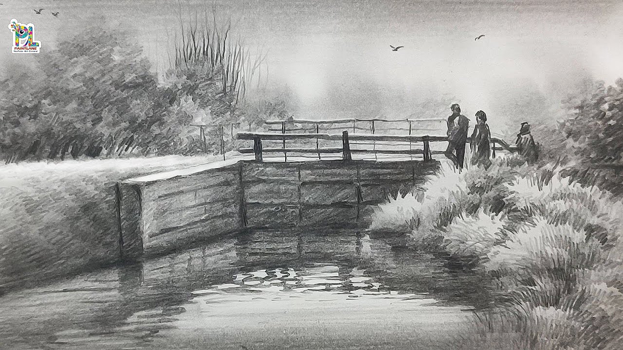 How to draw Lake in Park Scenery Art - YouTube